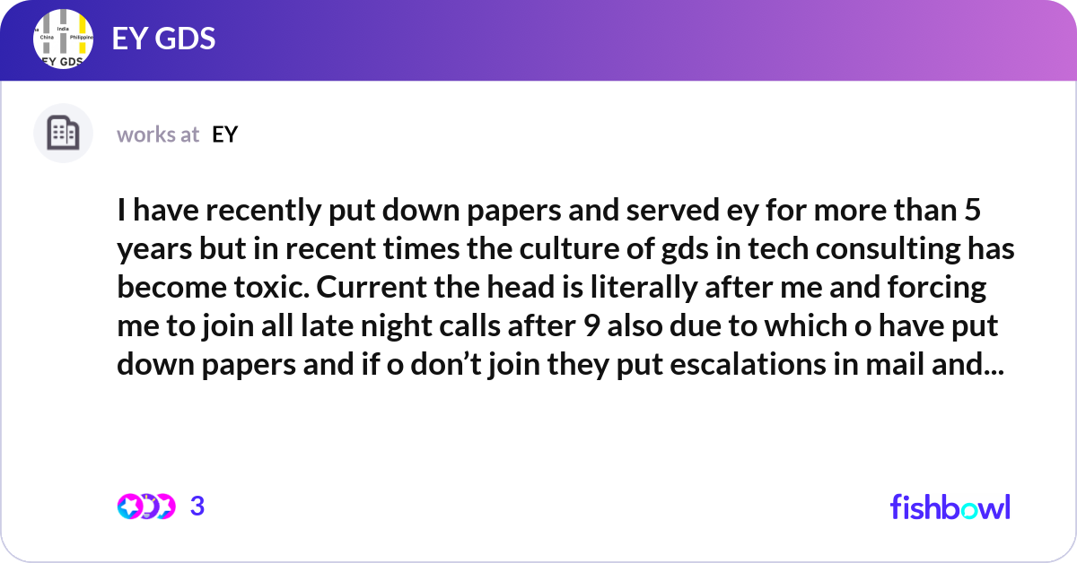 I have recently put down papers and served ey for ... | Fishbowl