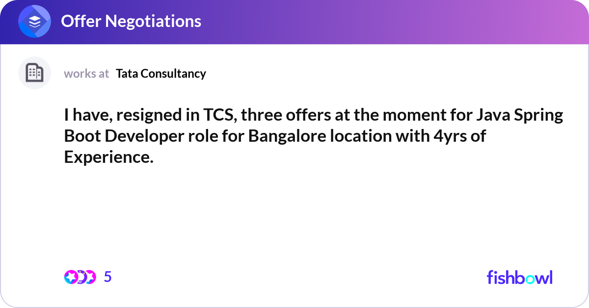 I have, resigned in TCS, three offers at the momen... | Fishbowl