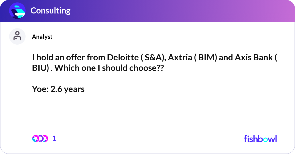 I hold an offer from Deloitte ( S&A), Axtria ( BIM... | Fishbowl