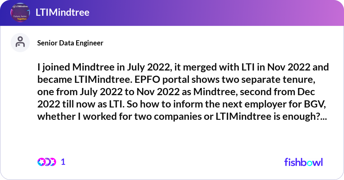 I joined Mindtree in July 2022, it merged with LTI... | Fishbowl