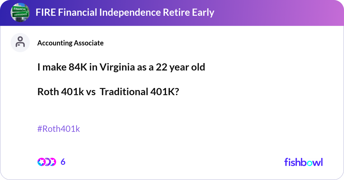 I make 84K in Virginia as a 22 year old Roth 401k... | Fishbowl