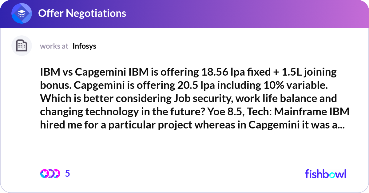 IBM vs Capgemini IBM is offering 18.56 lpa fixed +... | Fishbowl