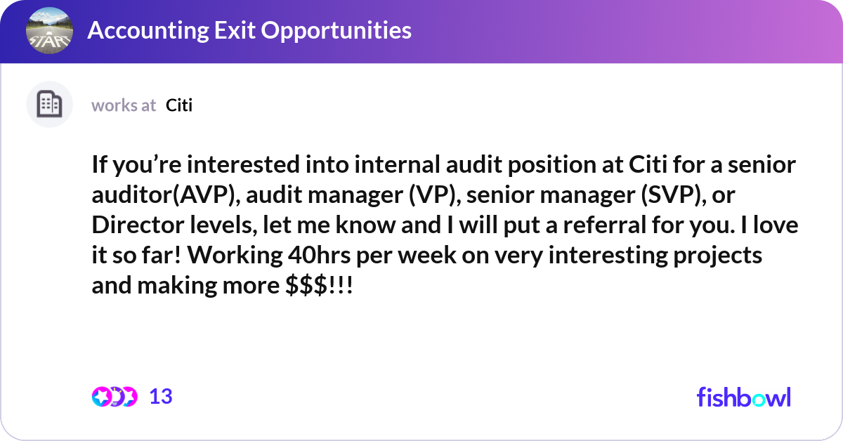 If you’re interested into internal audit position ... | Fishbowl