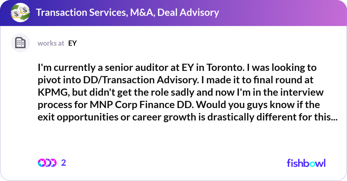 I'm currently a senior auditor at EY in Toronto. I... | Fishbowl