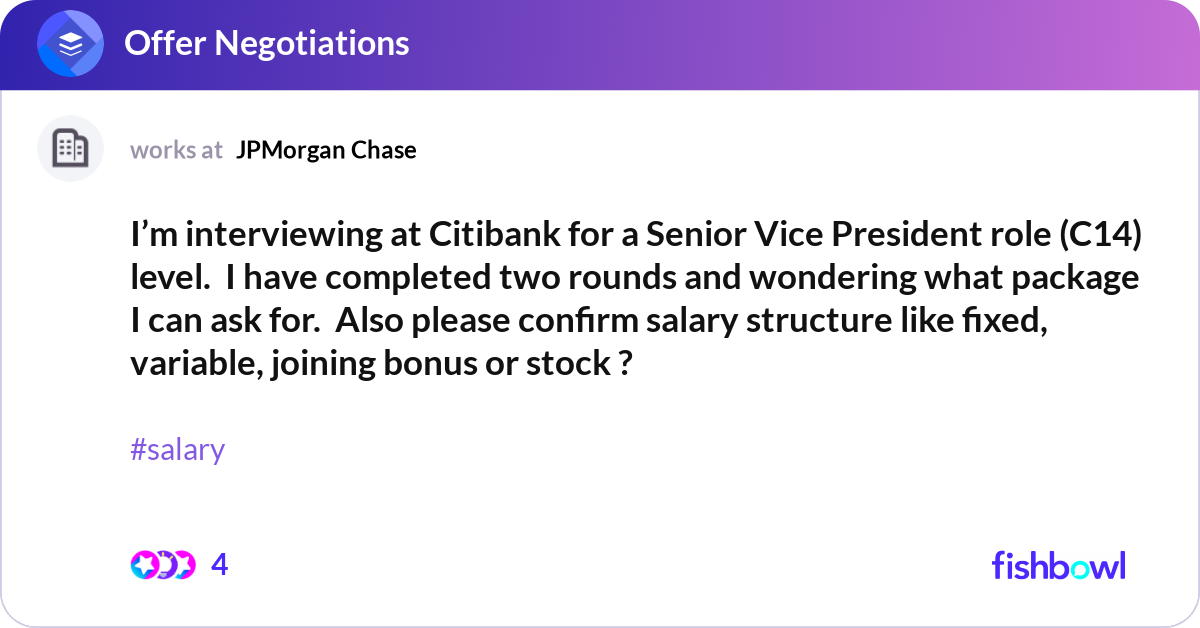 I’m interviewing at Citibank for a Senior Vice Pre... | Fishbowl