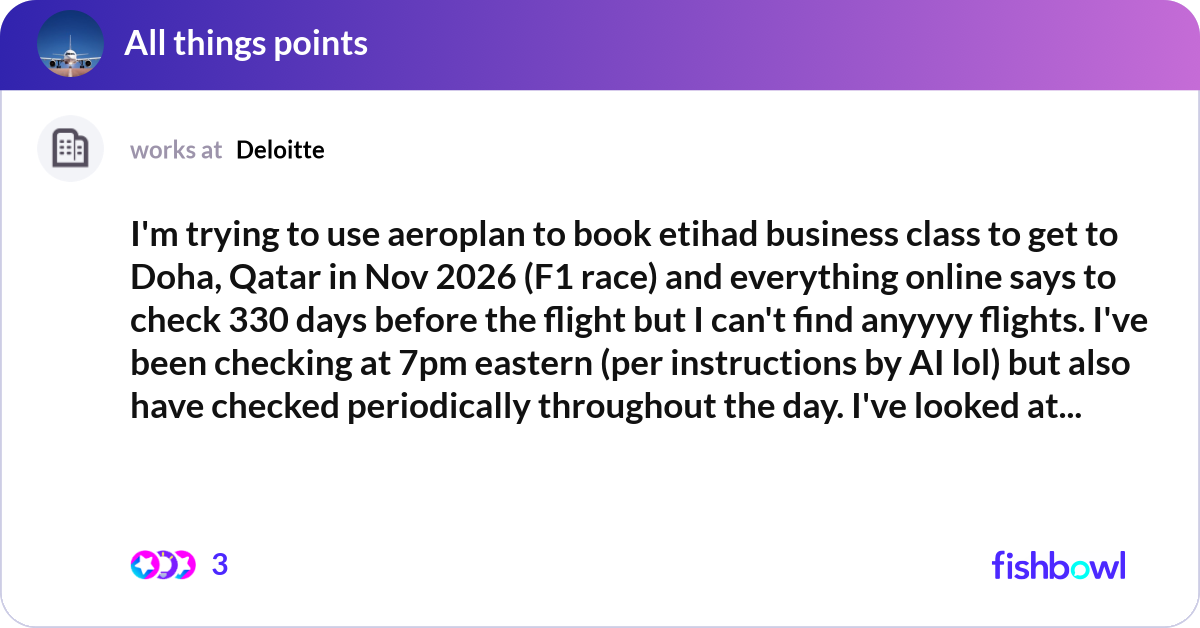 I'm trying to use aeroplan to book etihad business... | Fishbowl