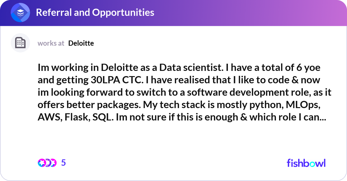 Im working in Deloitte as a Data scientist. I have... | Fishbowl