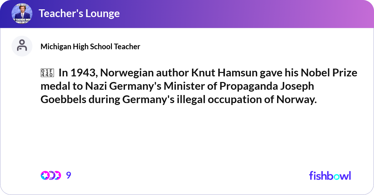👀 In 1943, Norwegian author Knut Hamsun gave his... | Fishbowl