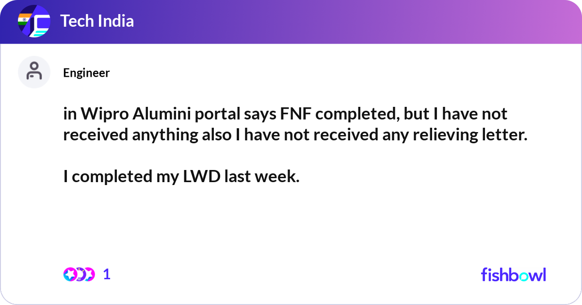 in Wipro Alumini portal says FNF completed, but I ... | Fishbowl