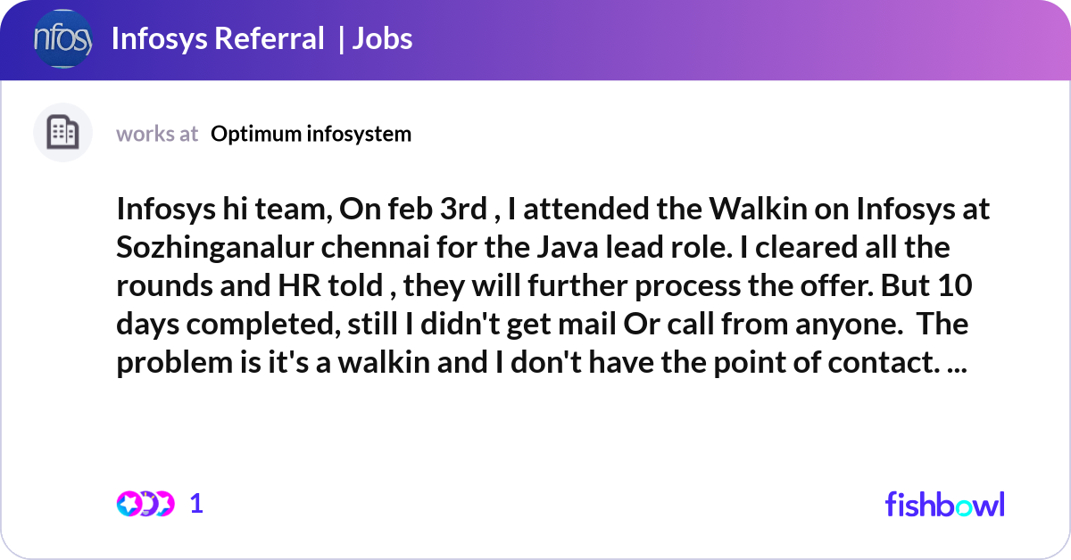 Infosys hi team, On feb 3rd , I attended the Walki... | Fishbowl