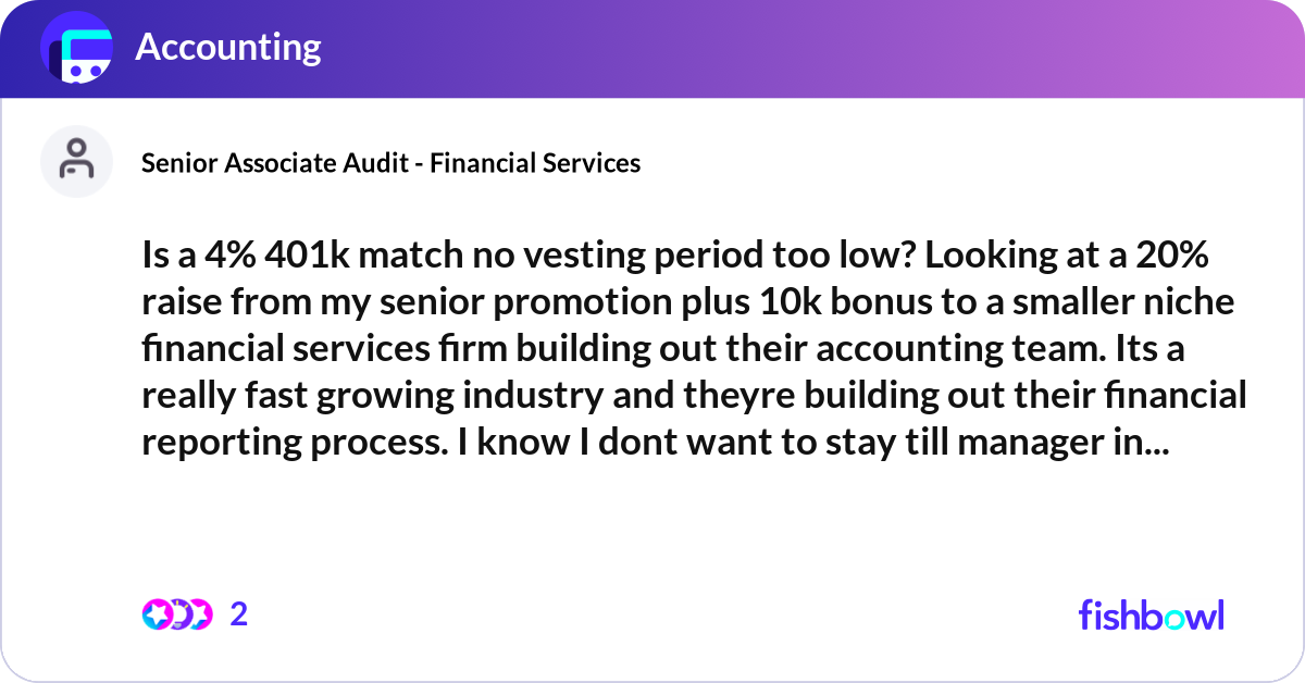 Is a 4% 401k match no vesting period too low? Look... | Fishbowl