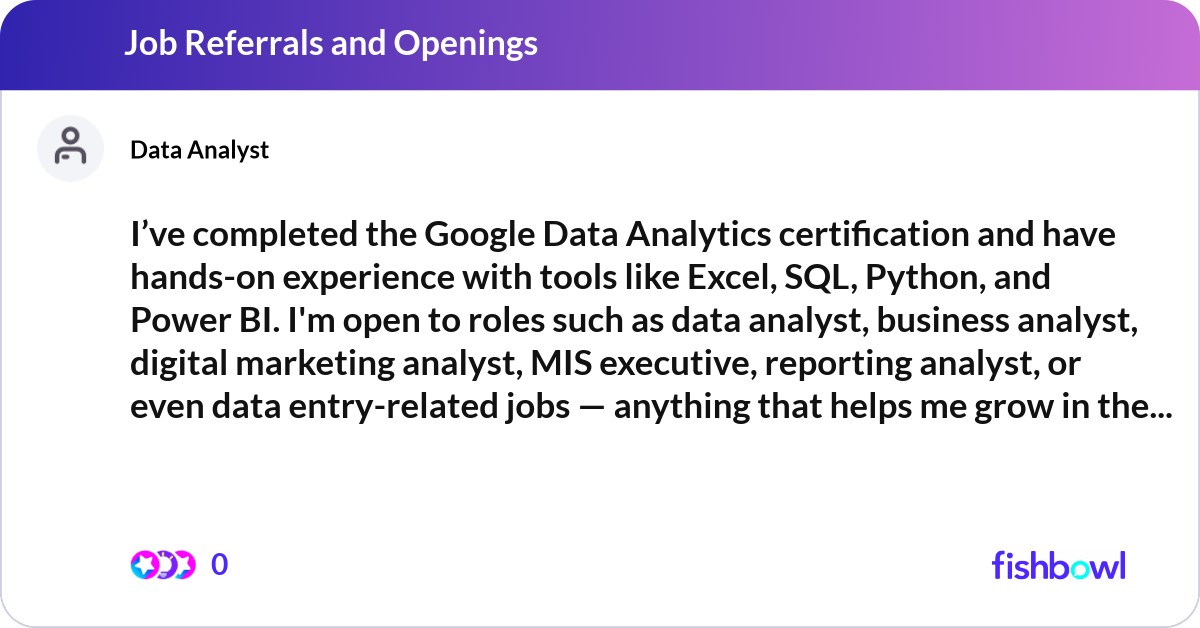 I’ve completed the Google Data Analytics certifica... | Fishbowl