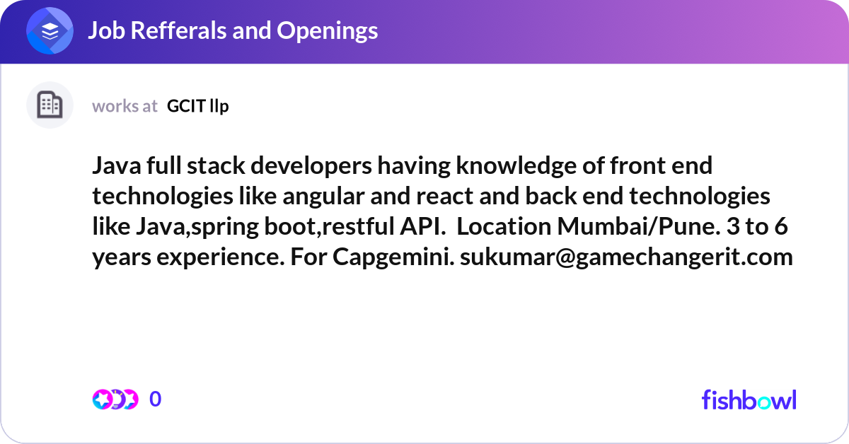 Java full stack developers having knowledge of fro... | Fishbowl