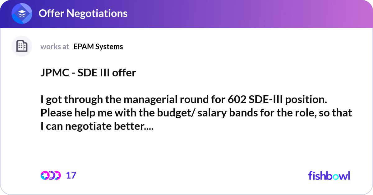 JPMC - SDE III offer I got through the managerial... | Fishbowl