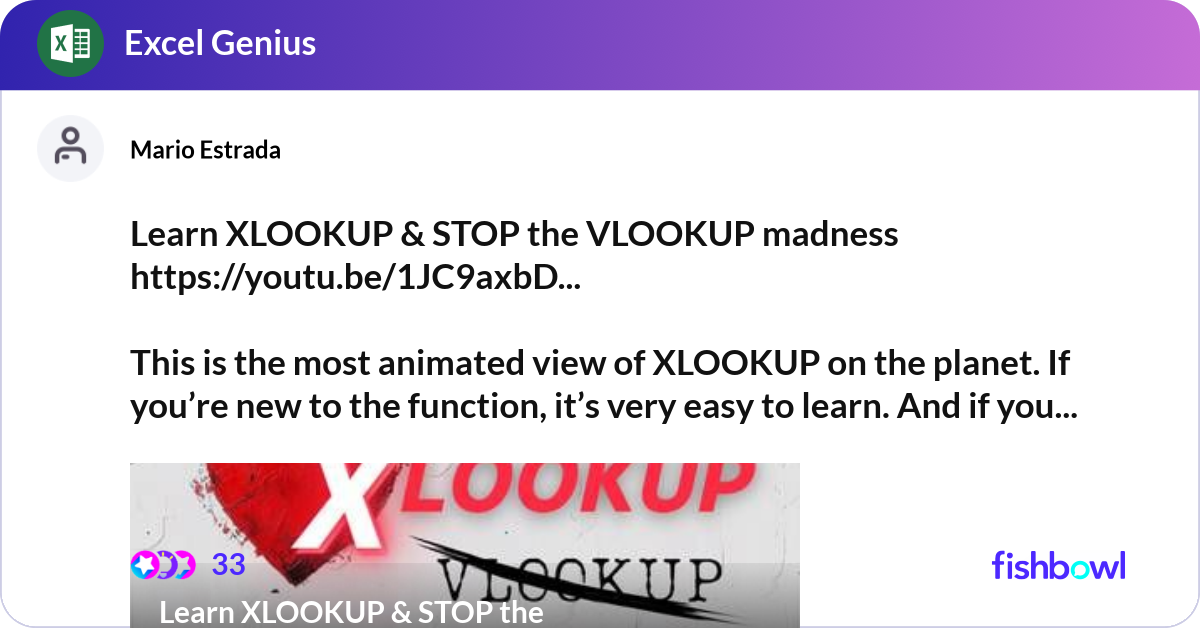 Learn XLOOKUP & STOP the VLOOKUP madness https://y... | Fishbowl