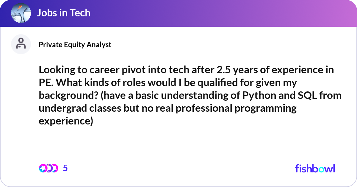 Looking to career pivot into tech after 2.5 years ... | Fishbowl