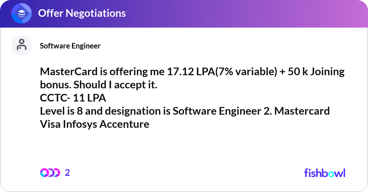 MasterCard is offering me 17.12 LPA(7% variable) +... | Fishbowl