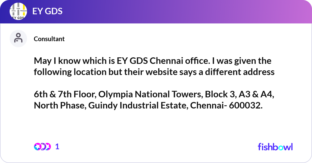 May I know which is EY GDS Chennai office. I was g... | Fishbowl