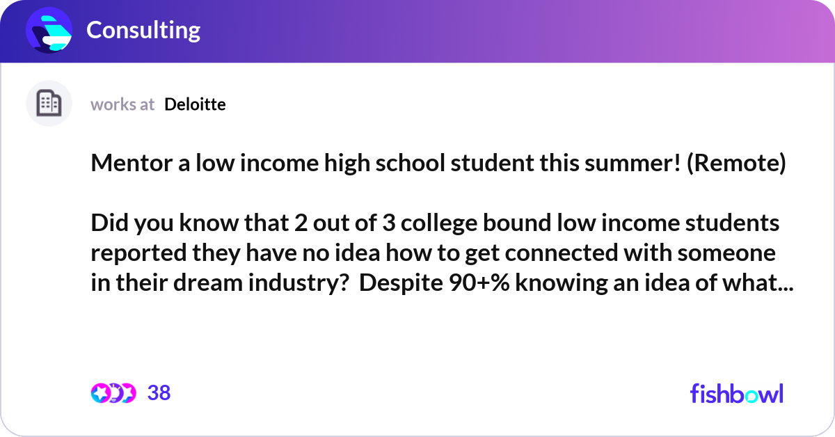 Mentor a low income high school student this summe... | Fishbowl