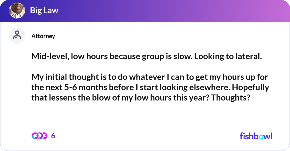 Mid-level, low hours because group is slow. Lookin... | Fishbowl