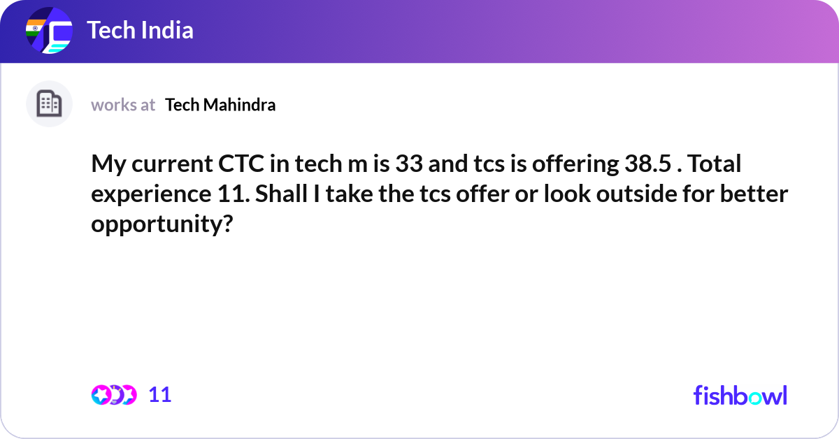 My current CTC in tech m is 33 and tcs is offering... | Fishbowl