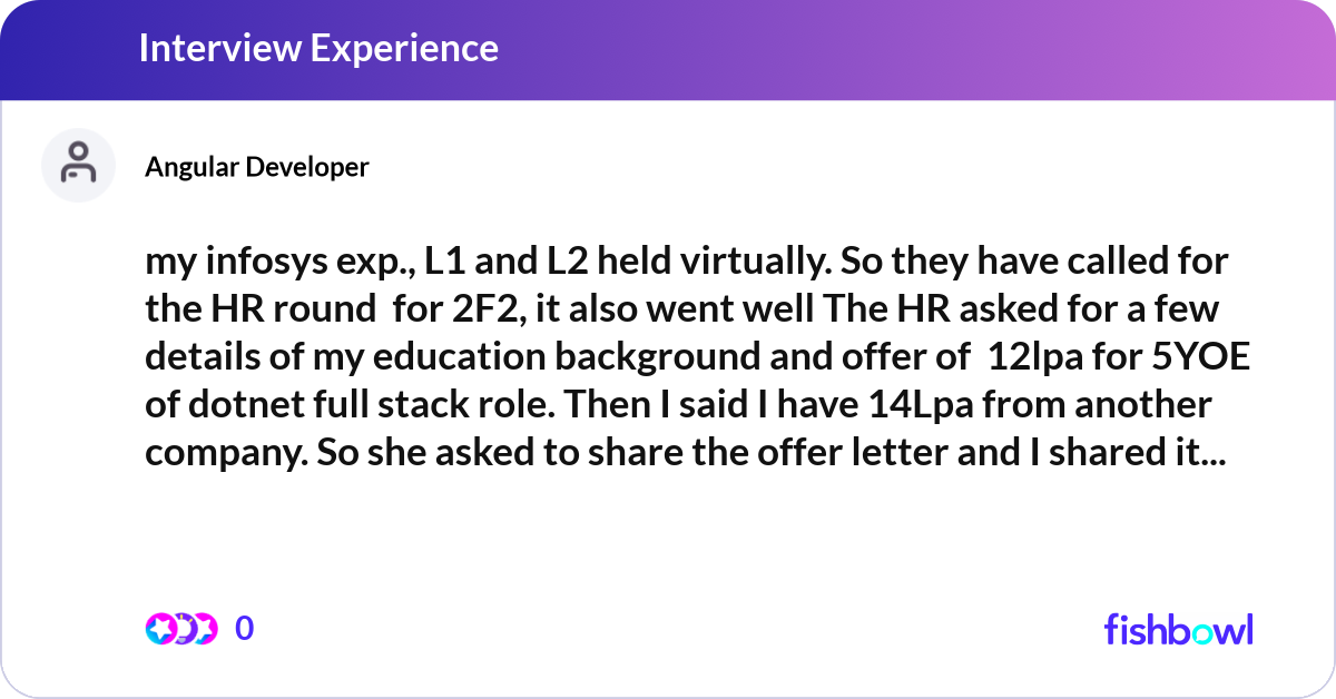 my infosys exp., L1 and L2 held virtually. So they... | Fishbowl