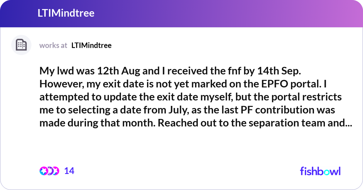 My lwd was 12th Aug and I received the fnf by 14th... | Fishbowl