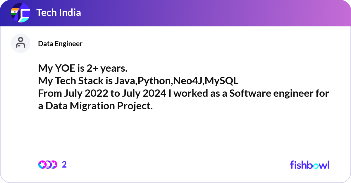 My YOE is 2+ years. My Tech Stack is Java,Python,N... | Fishbowl