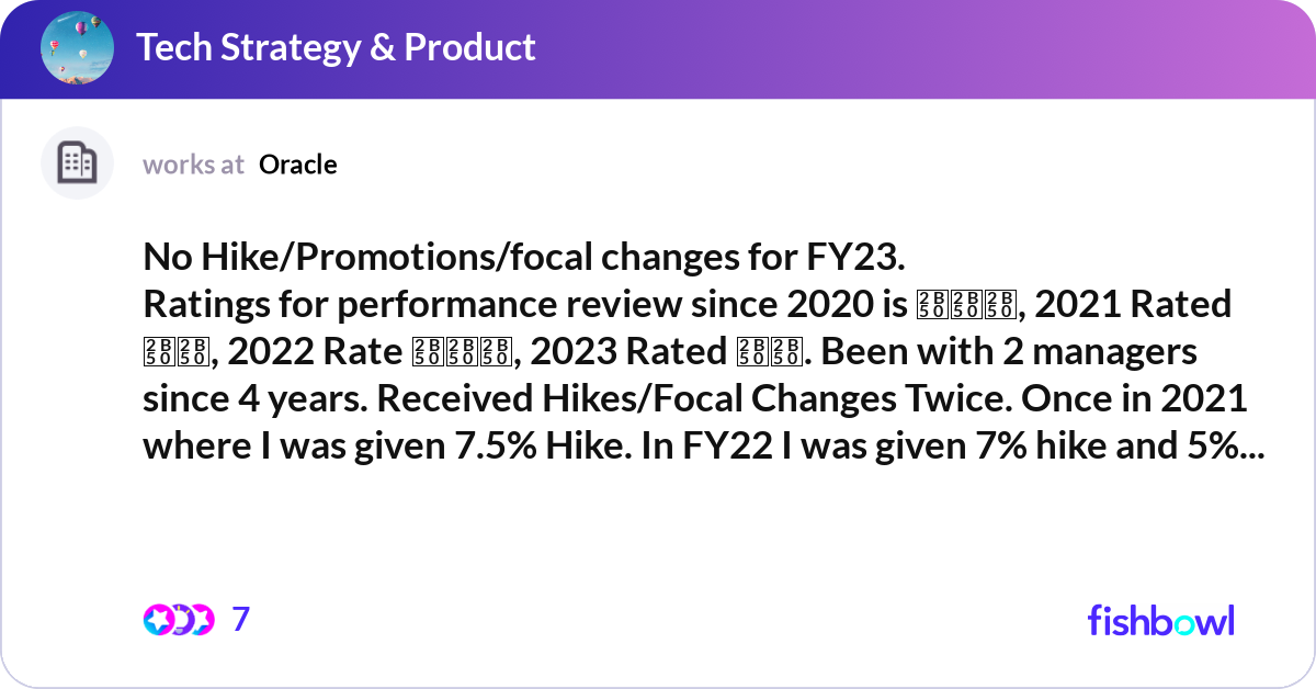 No Hike/Promotions/focal changes for FY23. Rating... | Fishbowl