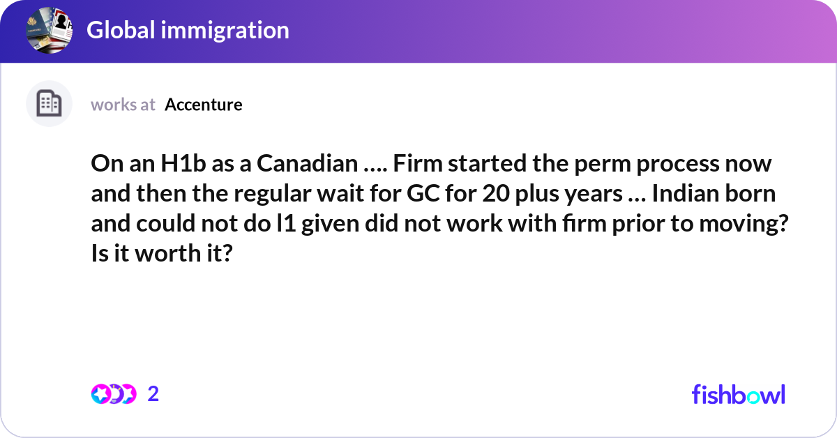 On an H1b as a Canadian …. Firm started the perm p... | Fishbowl