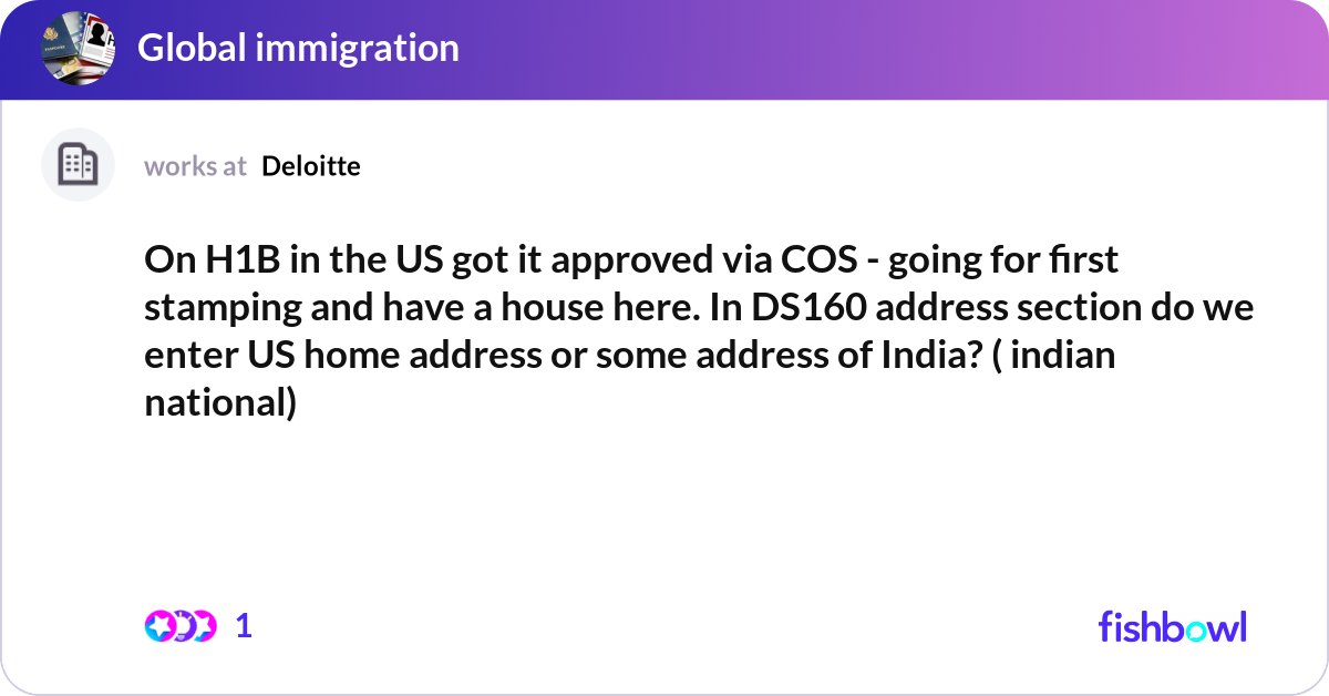 On H1B in the US got it approved via COS - going f... | Fishbowl