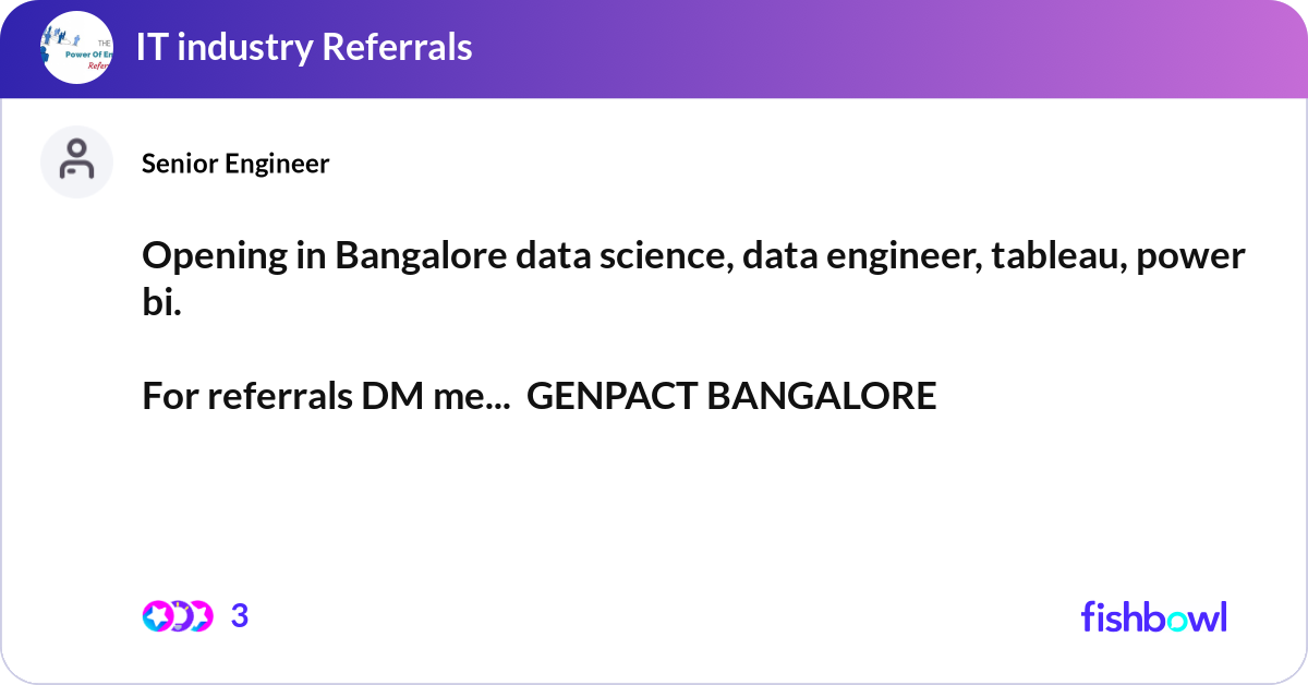 Opening in Bangalore data science, data engineer, ... | Fishbowl