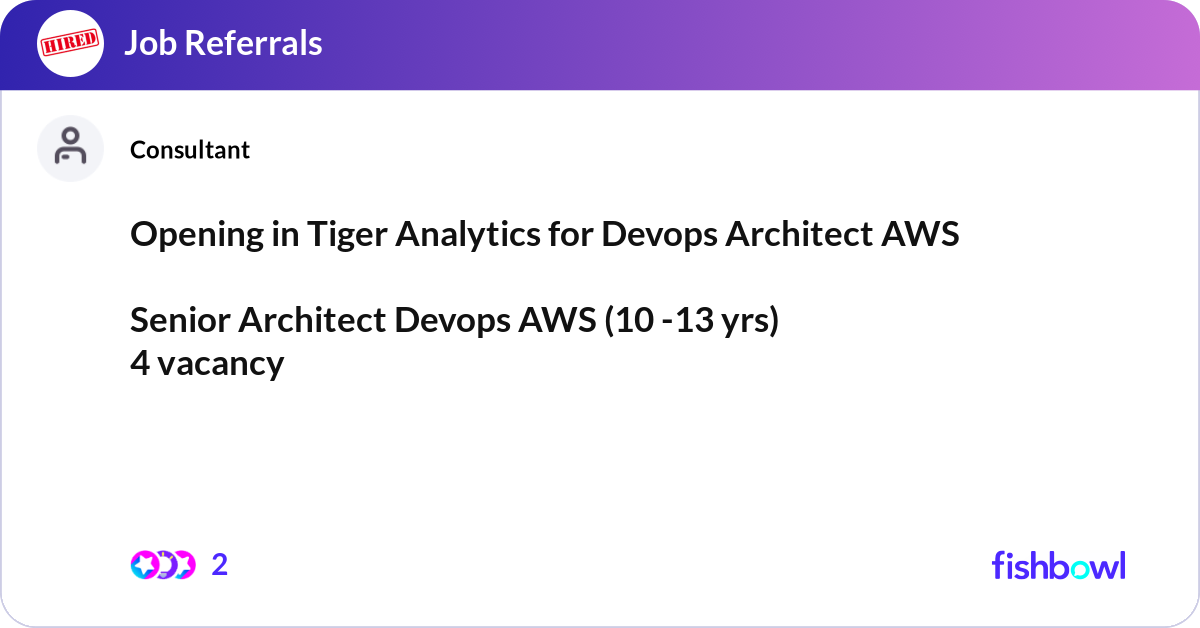Opening in Tiger Analytics for Devops Architect AW... | Fishbowl