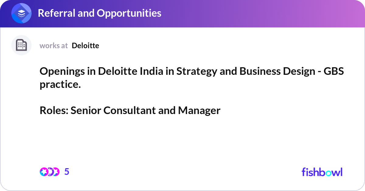 Openings in Deloitte India in Strategy and Busines... | Fishbowl
