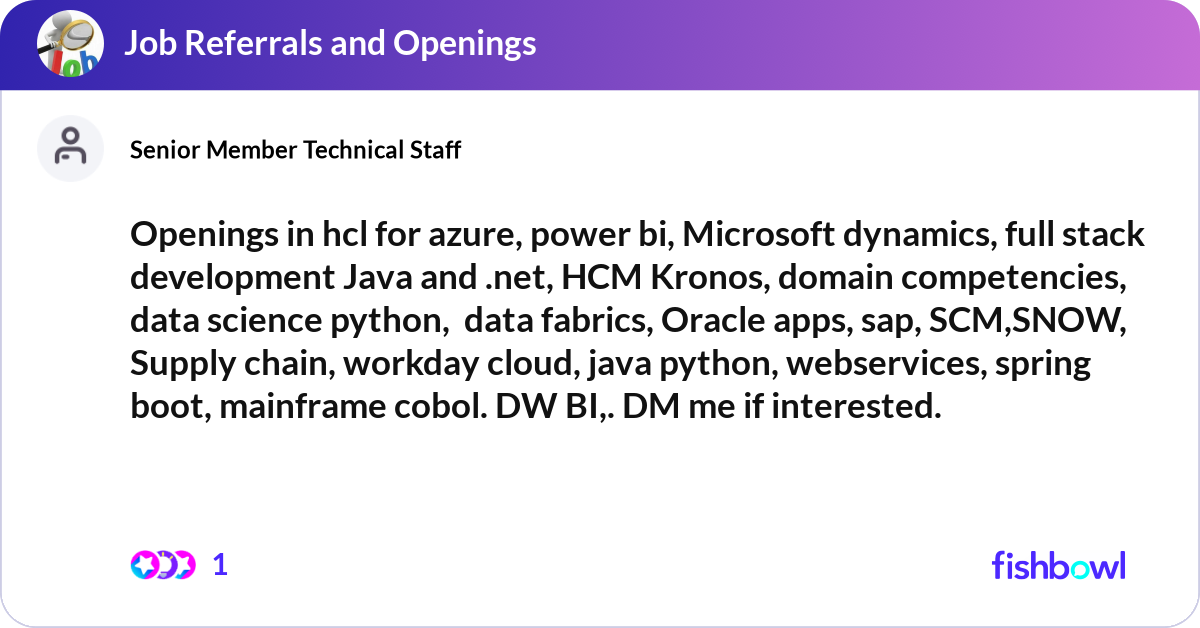 Openings in hcl for azure, power bi, Microsoft dyn... | Fishbowl