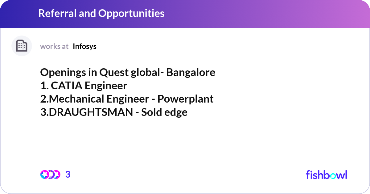 Openings in Quest global- Bangalore 1. CATIA Engi... | Fishbowl