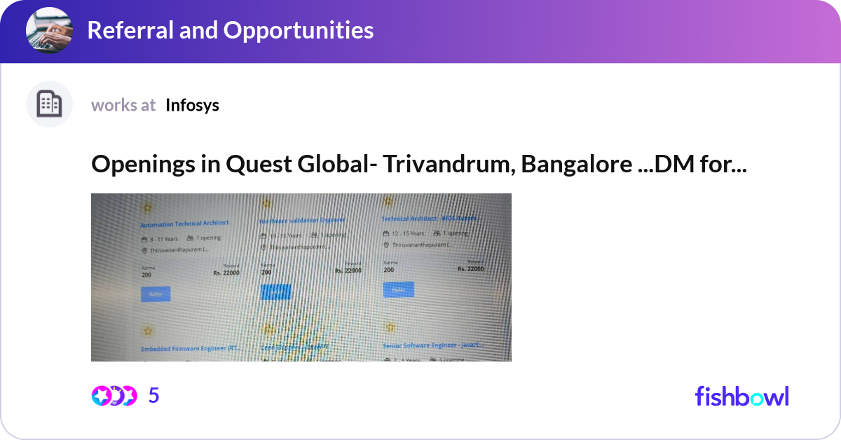 Openings in Quest Global- Trivandrum, Bangalore ..... | Fishbowl