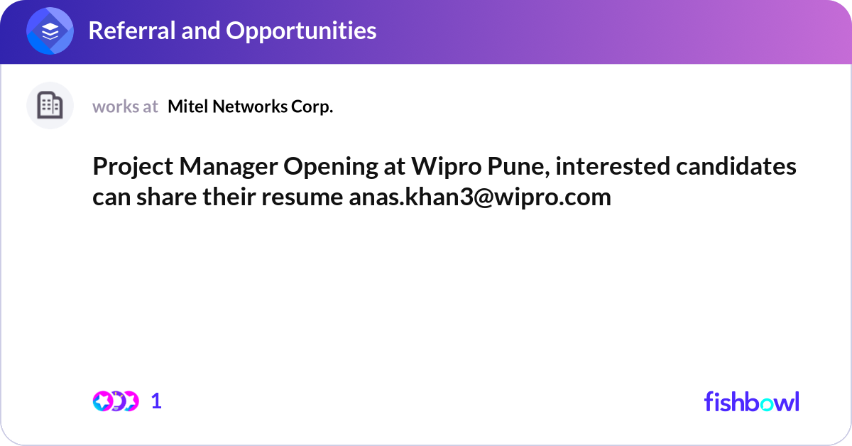 Project Manager Opening at Wipro Pune, interested ... | Fishbowl
