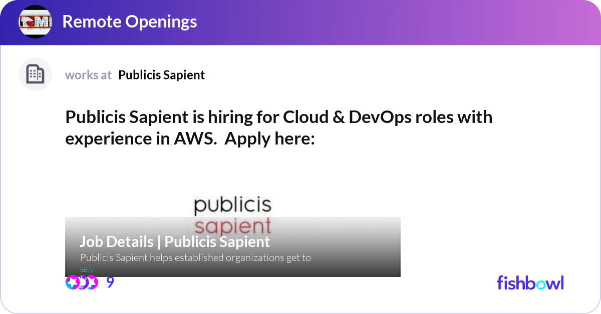Publicis Sapient is hiring for Cloud & DevOps role... | Fishbowl