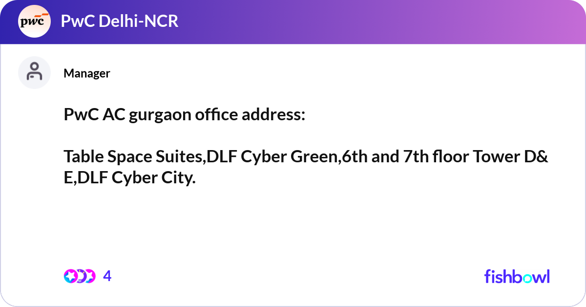 PwC AC gurgaon office address: Table Space Suites... | Fishbowl