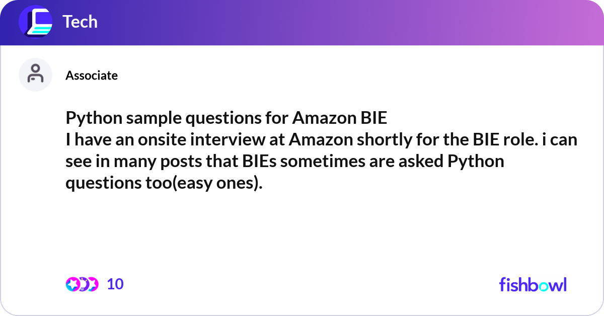Python sample questions for Amazon BIE I have an o... | Fishbowl