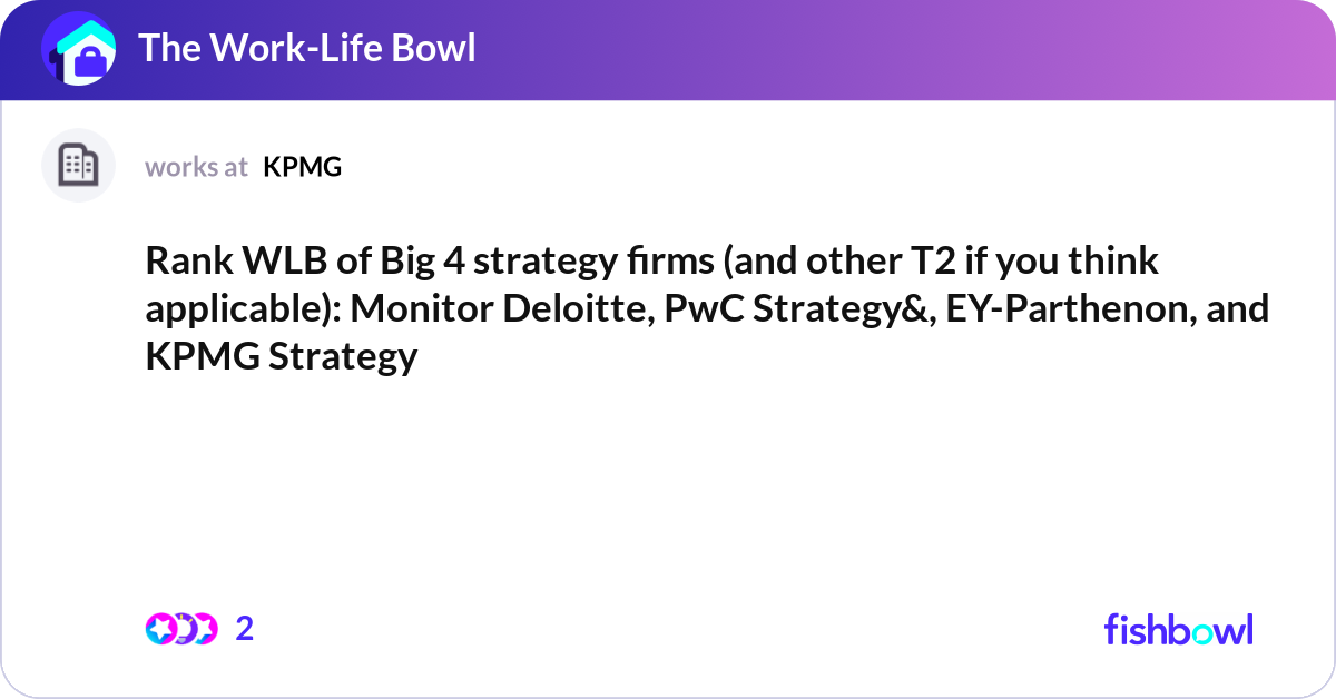 Rank WLB of Big 4 strategy firms (and other T2 if ... | Fishbowl