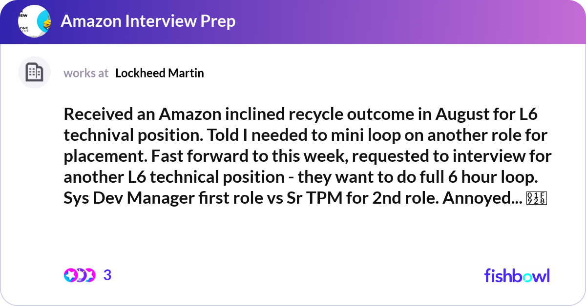 Received an Amazon inclined recycle outcome in Aug... | Fishbowl
