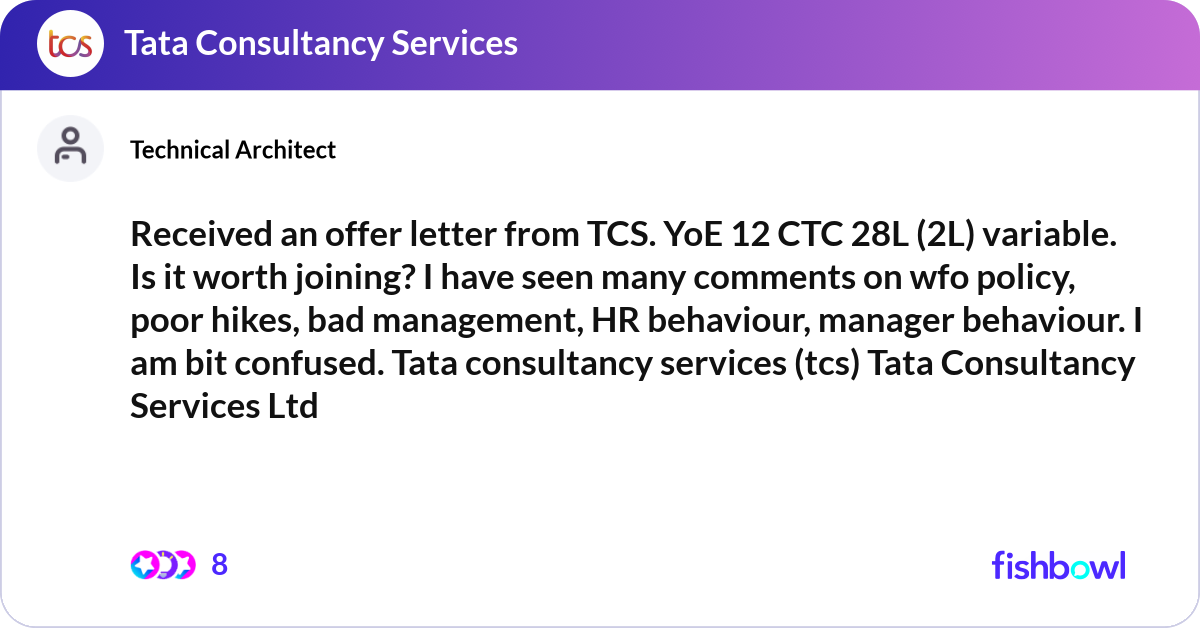 Received an offer letter from TCS. YoE 12 CTC 28L ... | Fishbowl