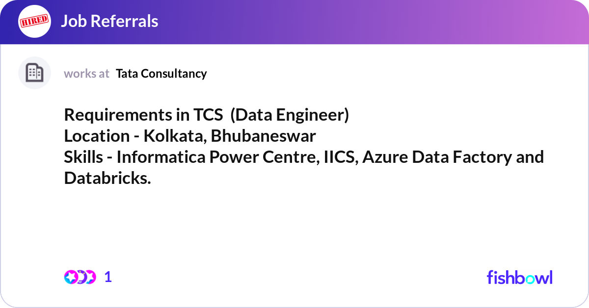Requirements in TCS (Data Engineer) Location - Ko... | Fishbowl