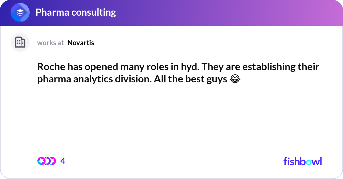 Roche has opened many roles in hyd. They are estab... | Fishbowl