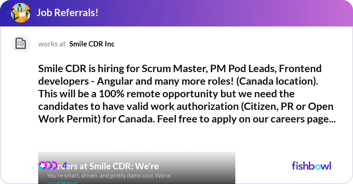 Smile CDR is hiring for Scrum Master, PM Pod Leads... | Fishbowl