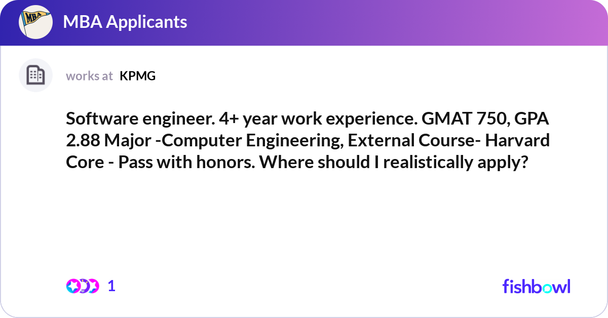 Software engineer. 4+ year work experience. GMAT 7... | Fishbowl
