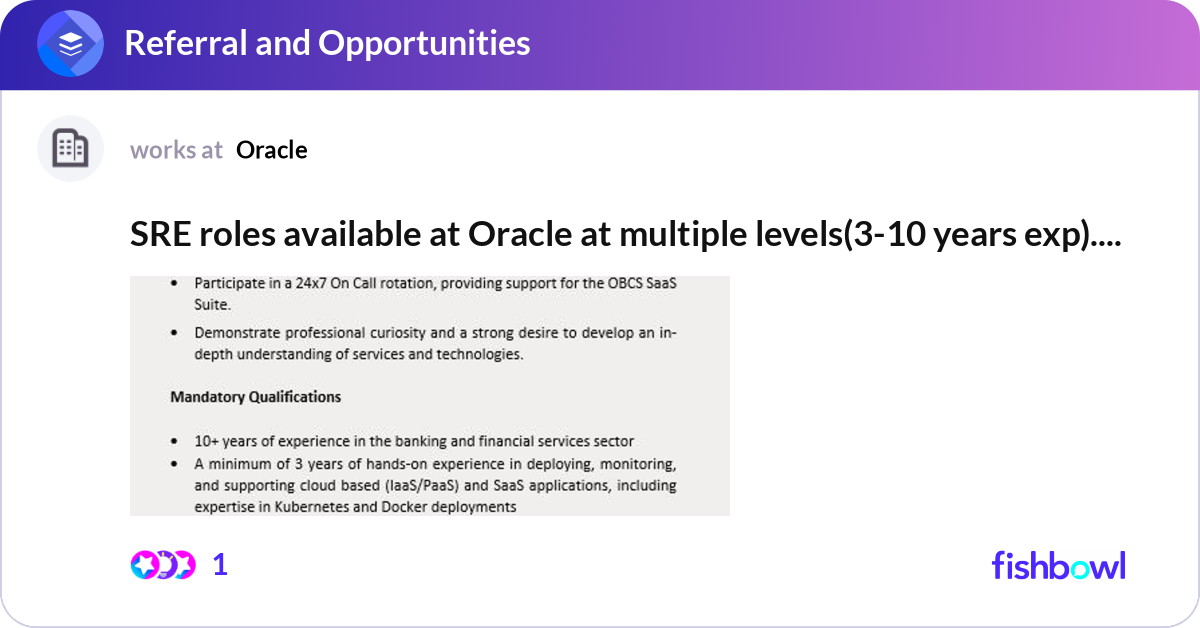 SRE roles available at Oracle at multiple levels(3... | Fishbowl