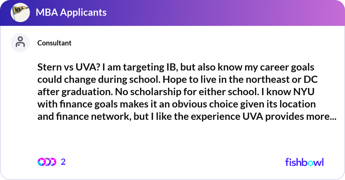 Stern vs UVA? I am targeting IB, but also know my ... | Fishbowl